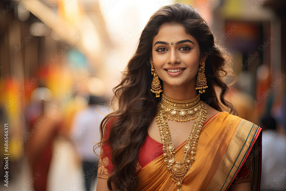 beautiful indian girl in saree and jewelry smiling, street background ...