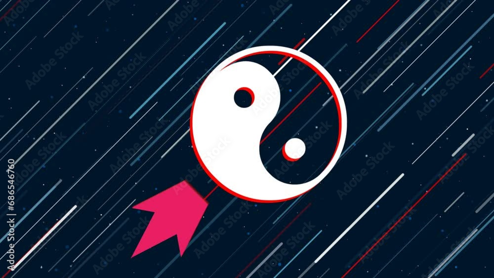 Yin yang symbol flies through the universe on a jet propulsion. The ...