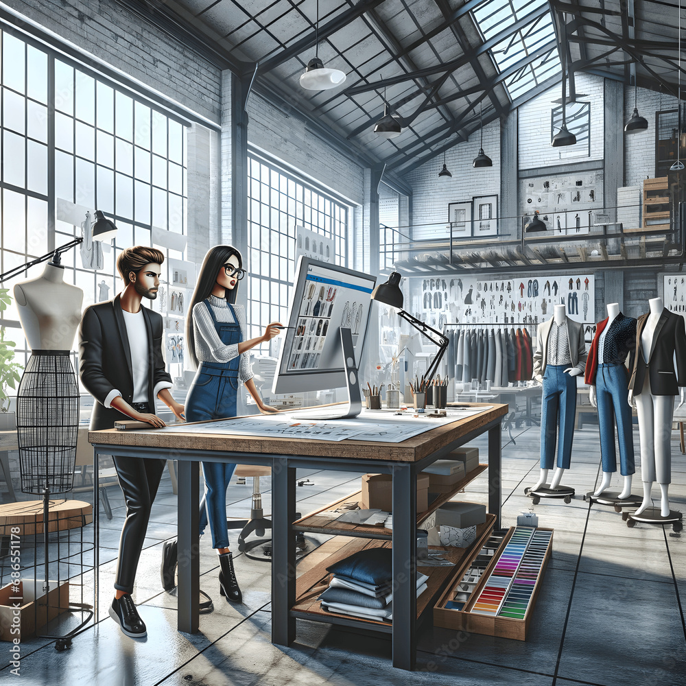 Clipart image of a fashion design studio featuring a team of two ...