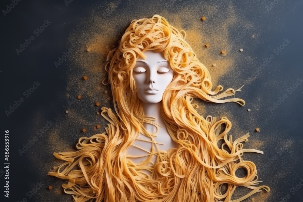 A portrait of a young woman made of various types of pasta, and ...