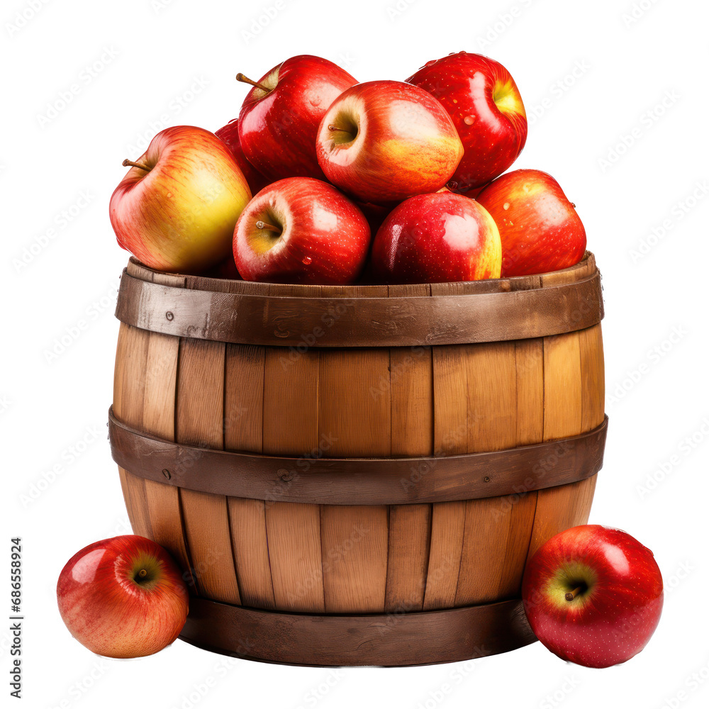 apples in wooden barrel,fresh apples isolated on transparent background ...
