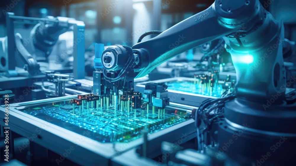 Robot arm in futuristic electronics factory. Precision assembly line ...