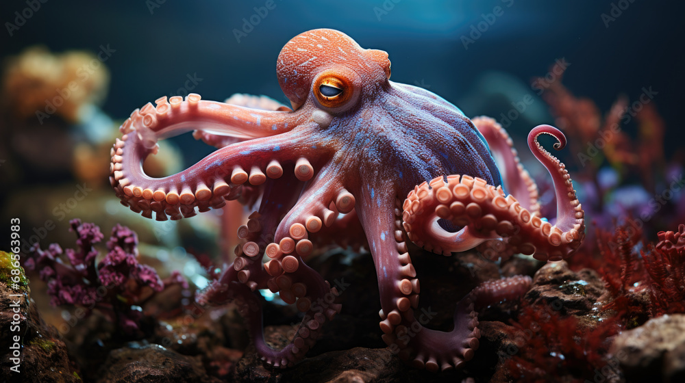 Magnificent octopus among the underwater picturesque landscape with ...