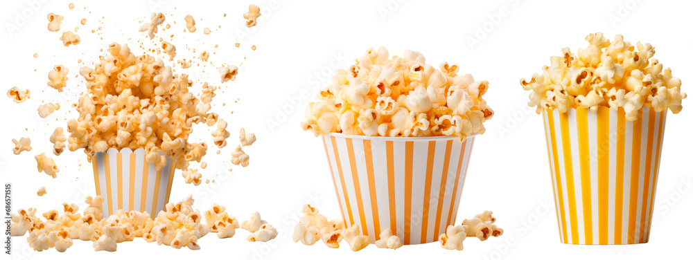 Popcorn set/collection. Popcorn in a striped white and orange bucket ...