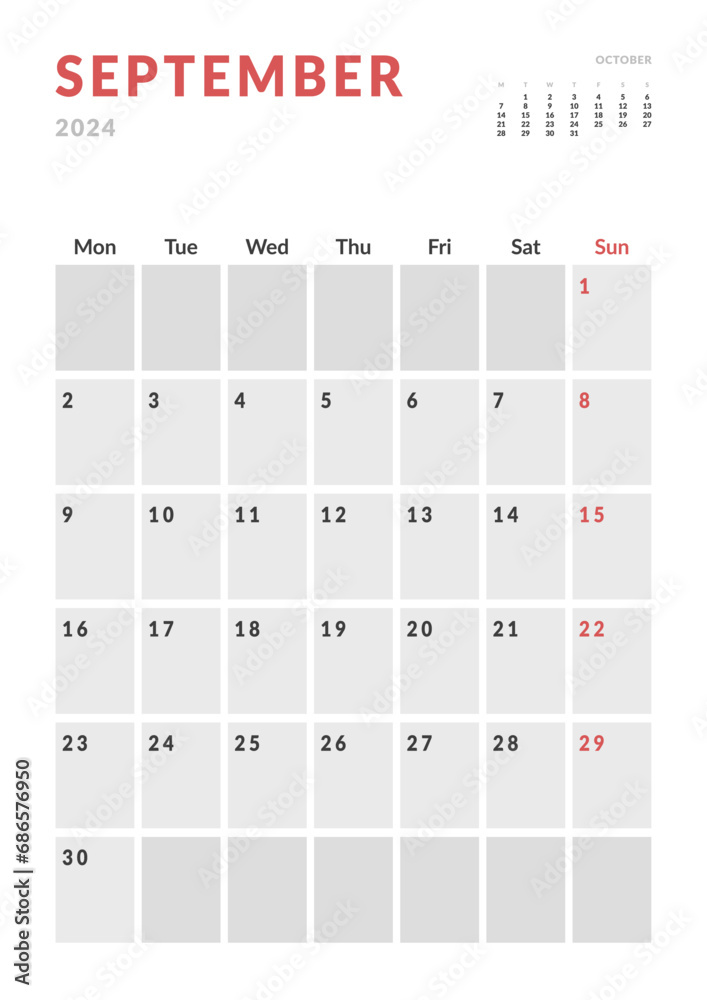 Monthly page Calendar Planner Templates of September 2024. Vector ...