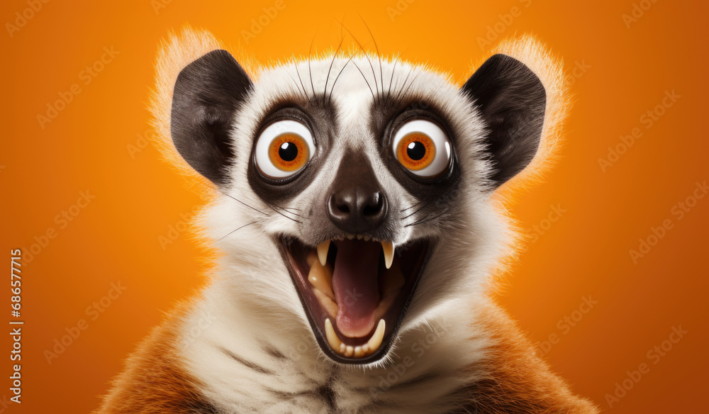 Studio Portrait of Funny and Excited Lemur on Orange Background with ...