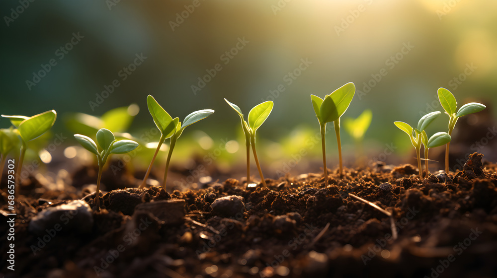 Young green tree plants sprout growing up from the black soil. Growth ...