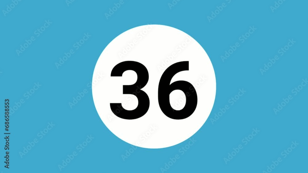 Number 36 sign symbol animation motion graphics on white circle blue ...