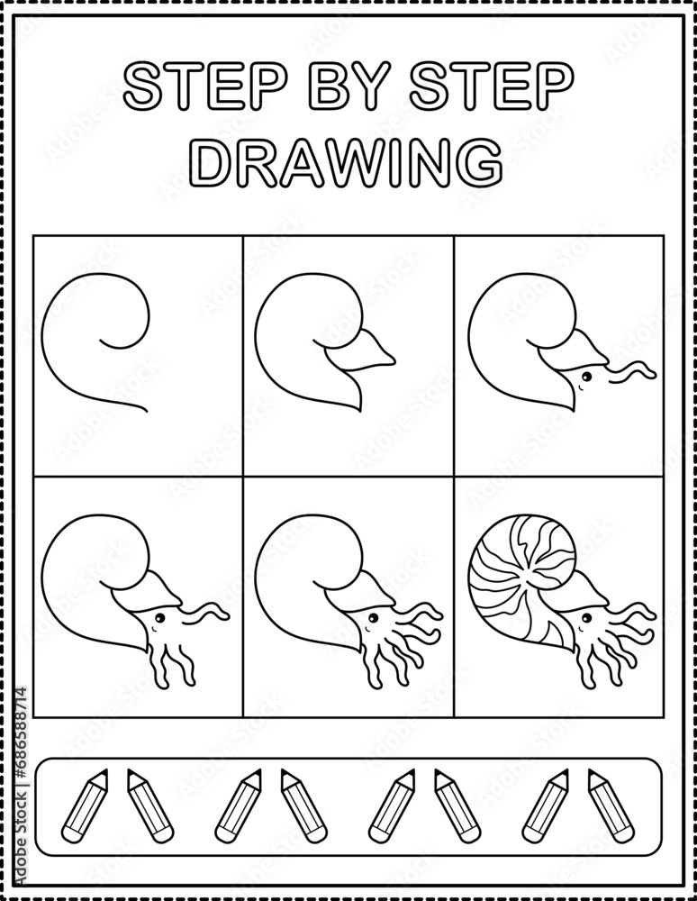 Nautilus. Book page, drawing step by step. Black and white vector ...