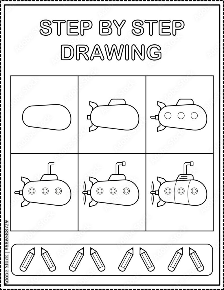 Submarine. Book page, drawing step by step. Black and white vector ...