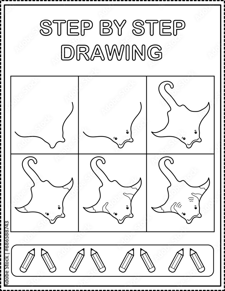 Giant manta ray. Book page, drawing step by step. Black and white ...