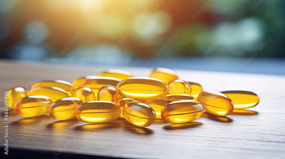 Omega 3 yellow capsules closed up on the table, Omega 3 cod liver oil ...