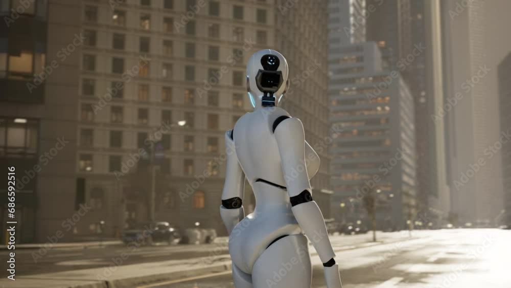 female robot walking along a street in a big city. humanoid AI robot ...