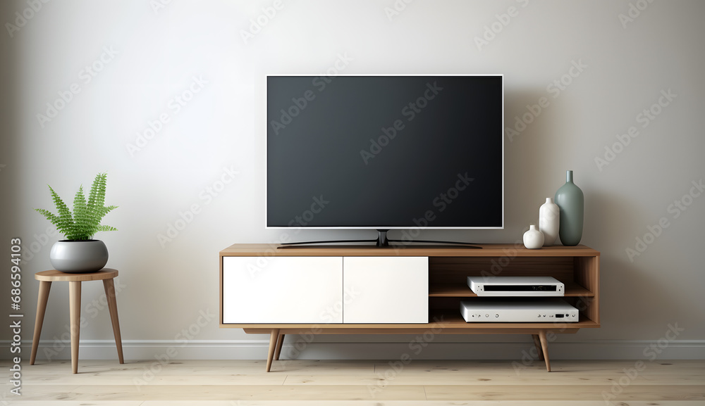 Television put on tv stand wood table, in minimal empty space ...