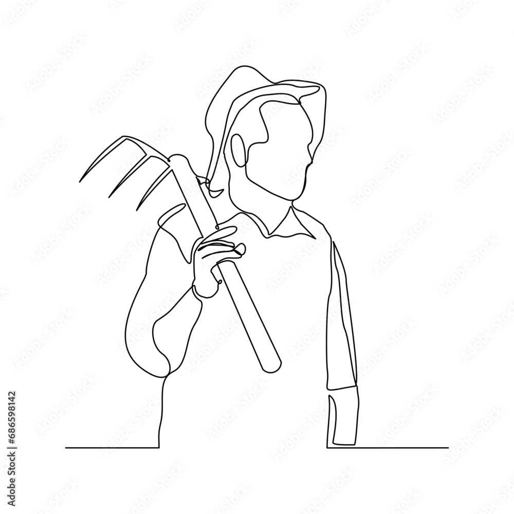 Continuous single line sketch drawing of farmer man worker holding fork ...