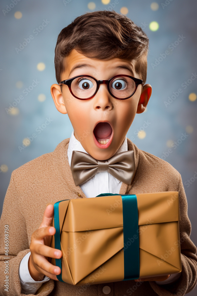 Amazed child holding gift in hands, with big open eyes and wide open ...