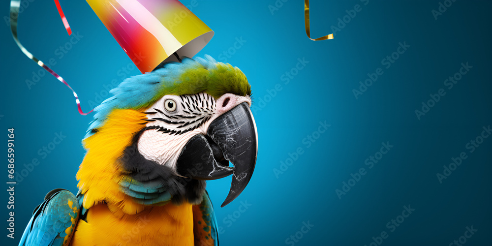 blue and yellow macaw wearing birthday party hat on the blue background ...
