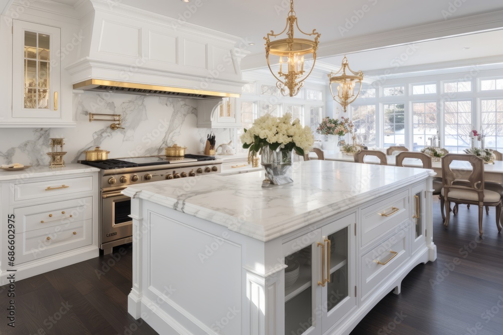 Interior of modern luxurious kitchen classic style. White cabinets with ...