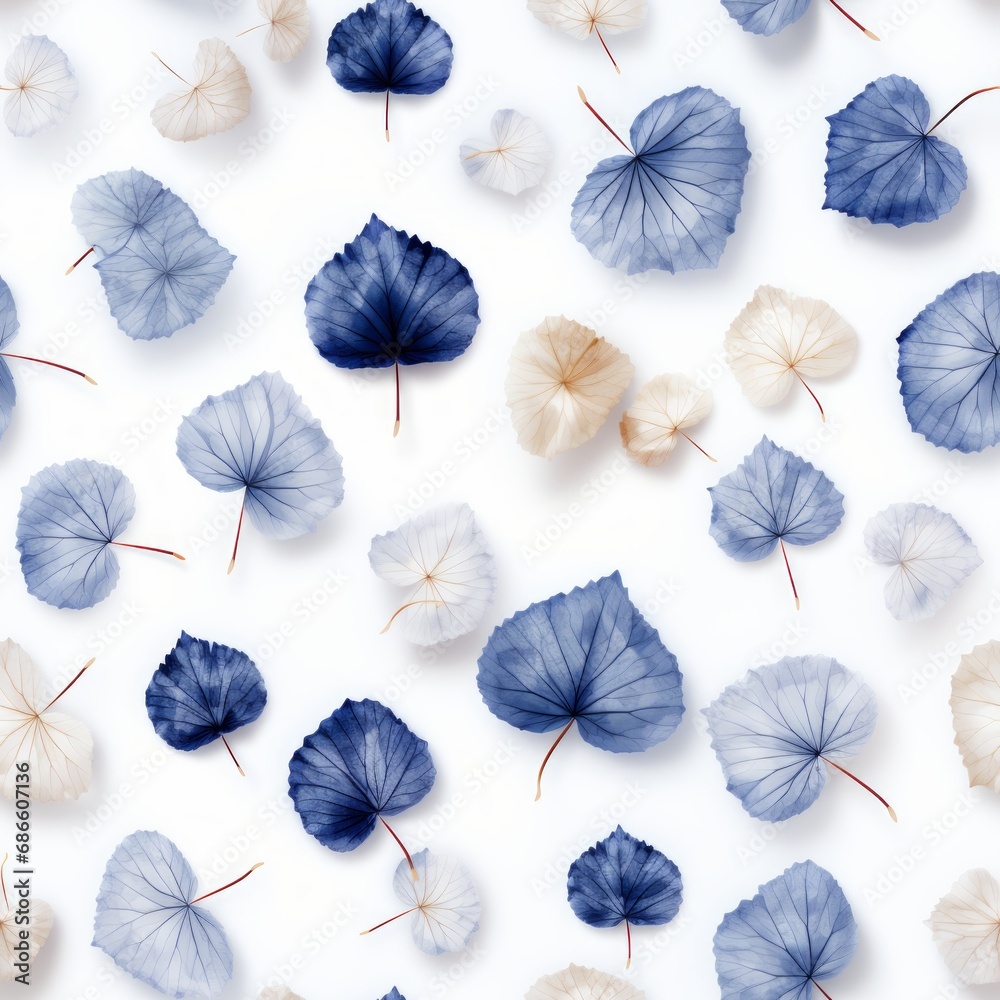 Seamless pattern of blue foliage skeleton with translucent texture on a ...