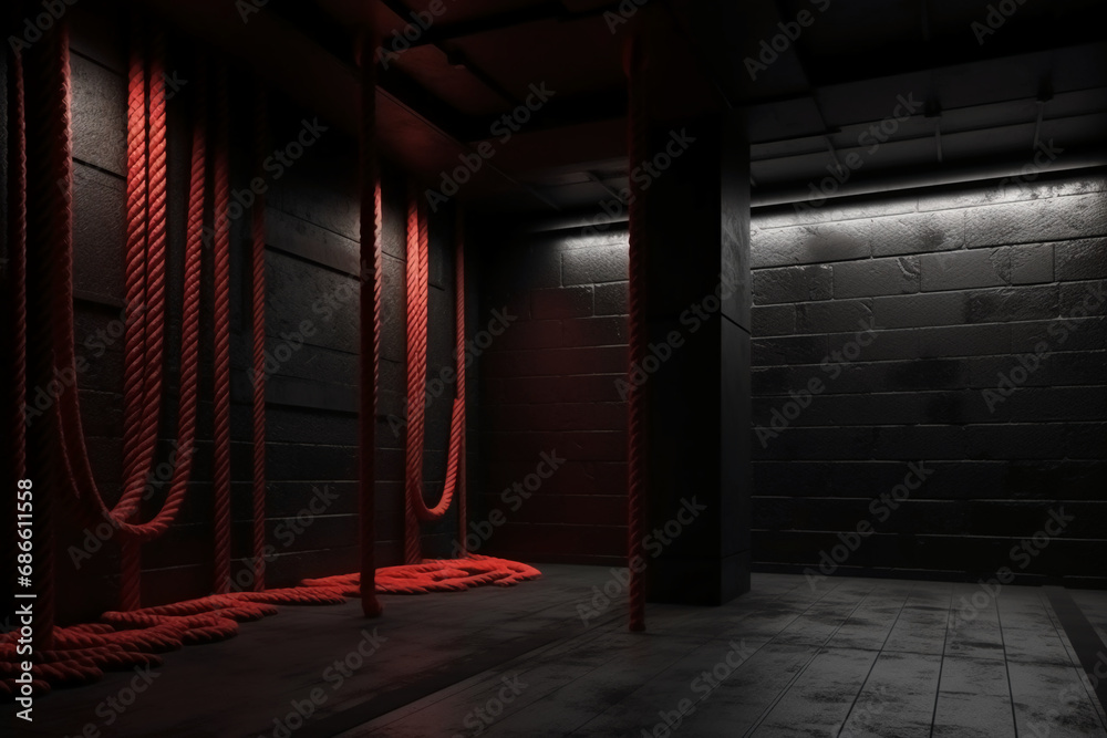 red rope tied in wall and ceiling of a black room, tensioned ropes ...