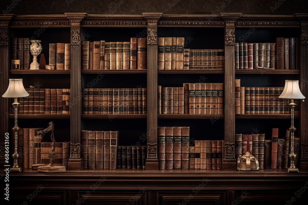 Sepia-toned photo of a vintage law library, rows of antique books on ...