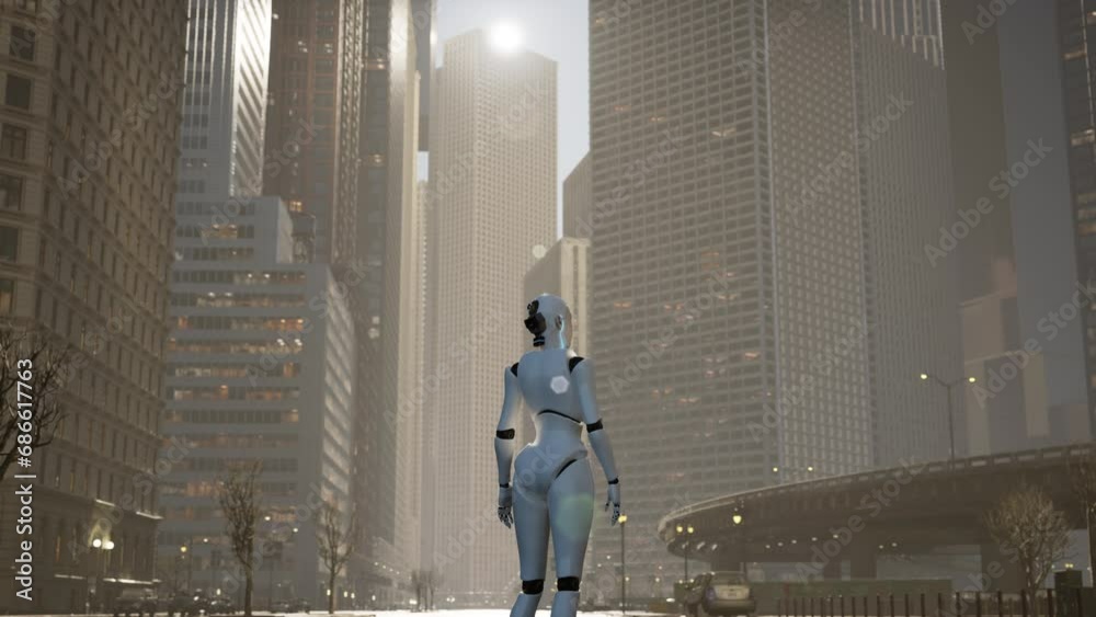 female robot walking along a street in a big city. humanoid AI robot ...