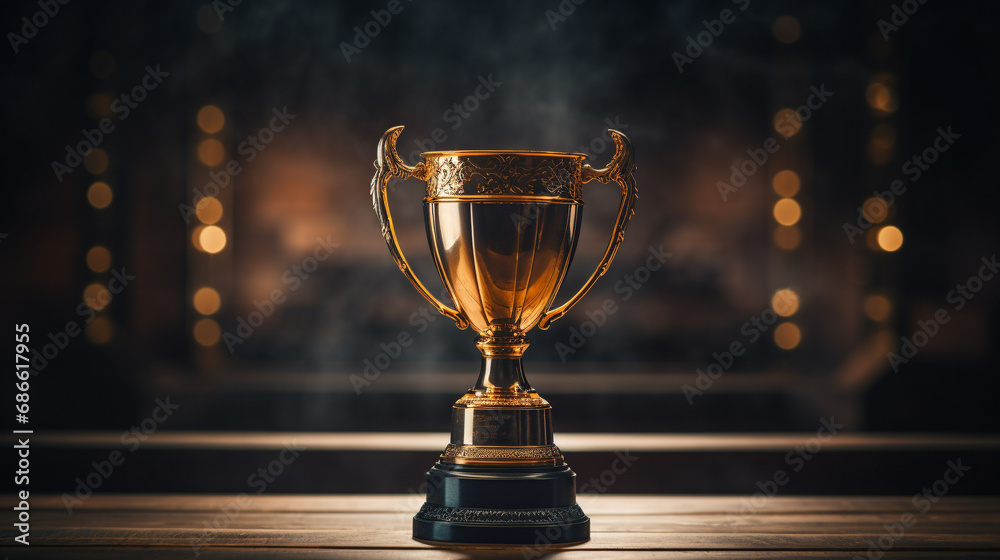 Elegant trophy against dark backdrop placed on weathered wooden table ...