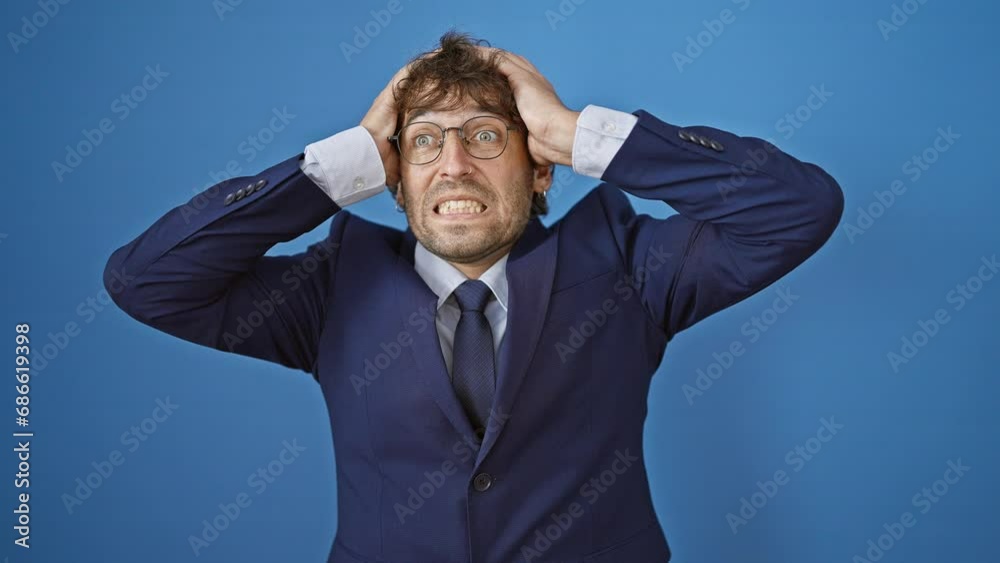 Vidéo Stock Crazy stressed young man, hands clutching his head, shocked ...