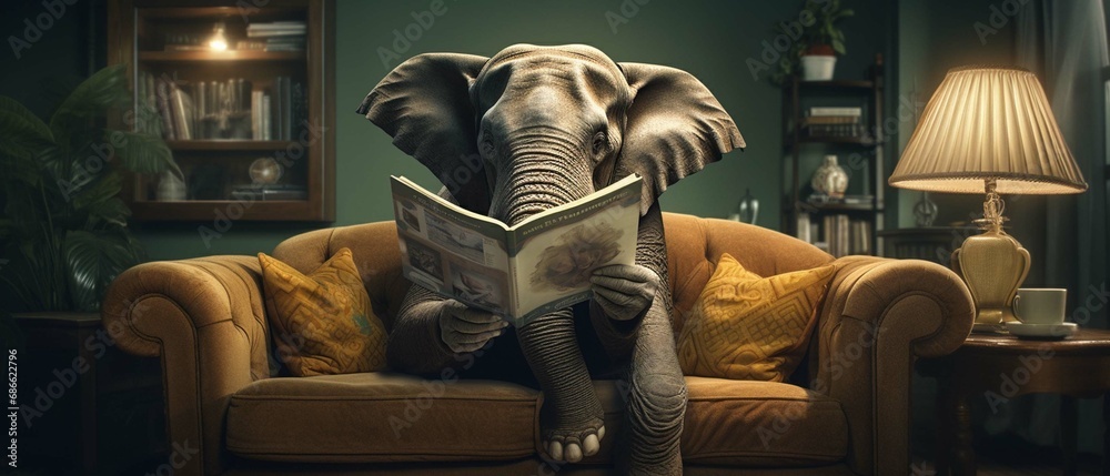 Elephant reading book on sofa, learning and knowledge concept. create ...