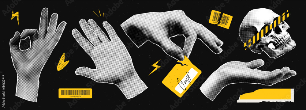 Trendy halftone hands collage set witn human skull and doodle elements ...