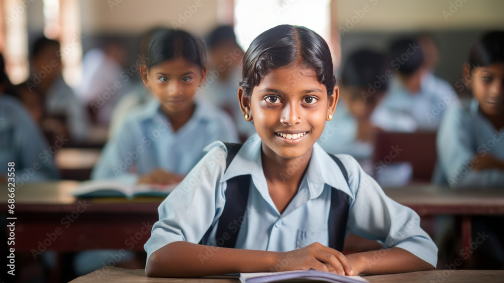 Portrait photo of a 11 year old indian girl in a modern classroom ...