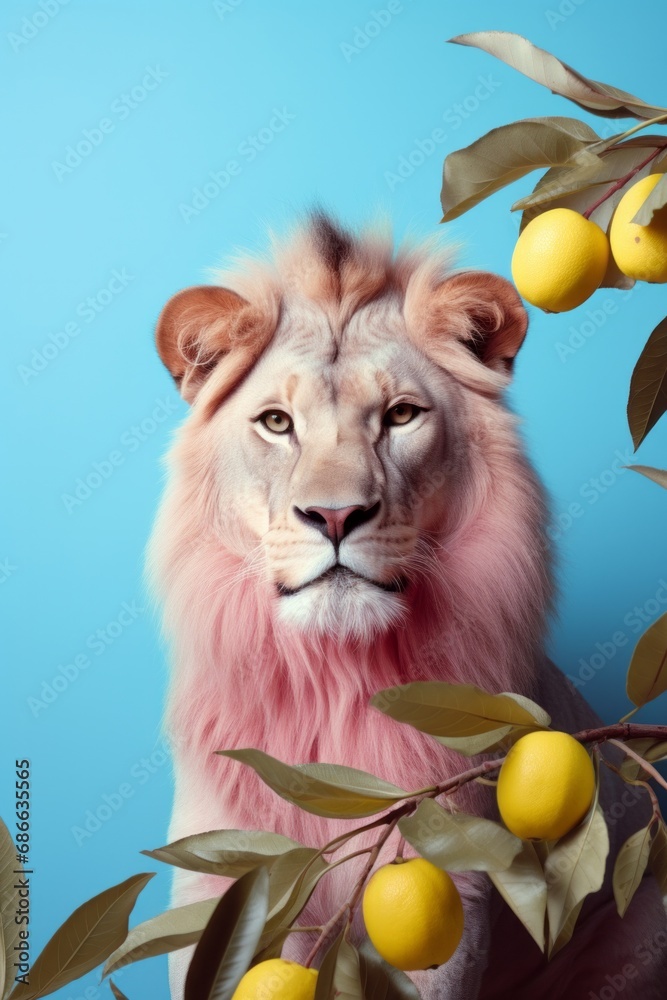 A serene lion with a soft pink mane is juxtaposed with a branch of ripe ...