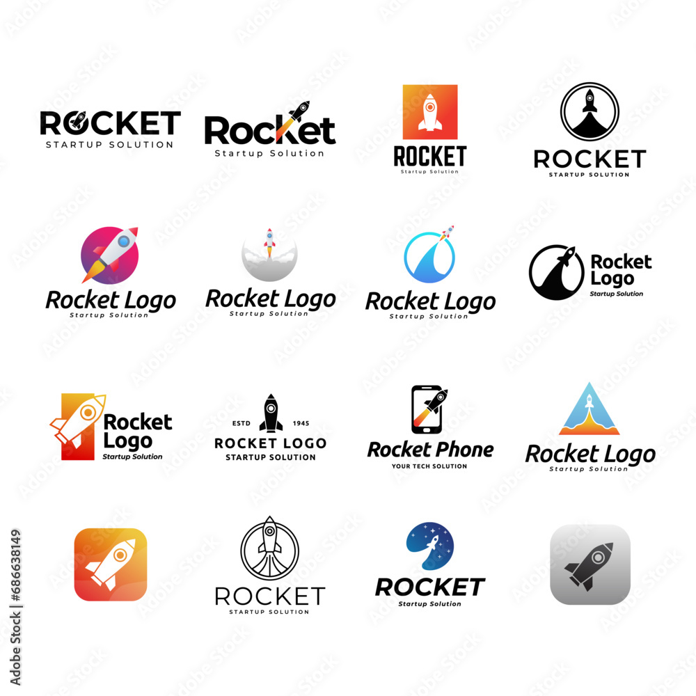 Rocket logo. Space satelite retro shuttle moon discovery logotypes of ...