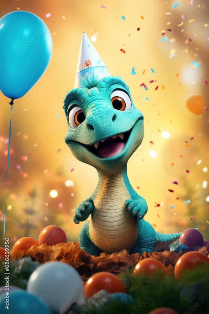 Cute dinosaur with festive balloons, kids birthday party poster Stock ...