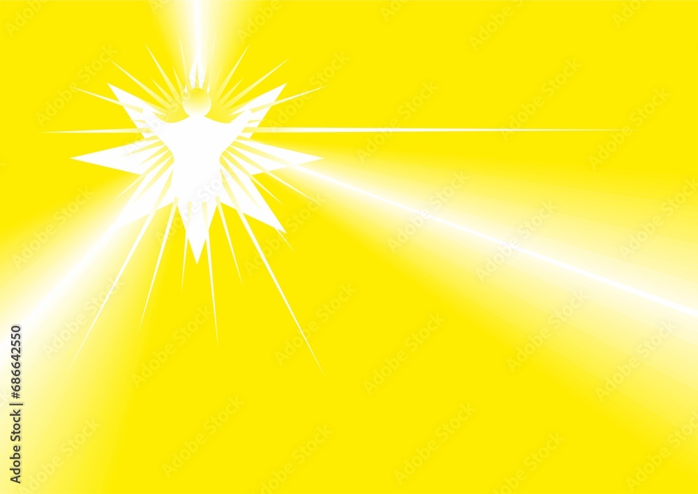 Angel and star with bright rays on yellow background - abstract ...