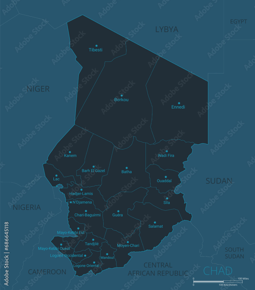 Chad map. High detailed map of Chad with countries, borders, cities ...