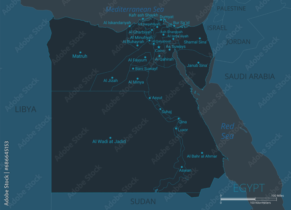 Egypt map. High detailed map of Egypt with countries, borders, cities ...