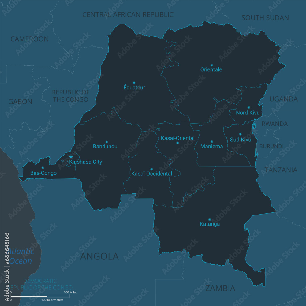 Democratic republic of the Congo map. High detailed map of Democratic ...