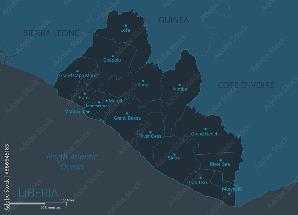Liberia map. High detailed map of Liberia with countries, borders ...