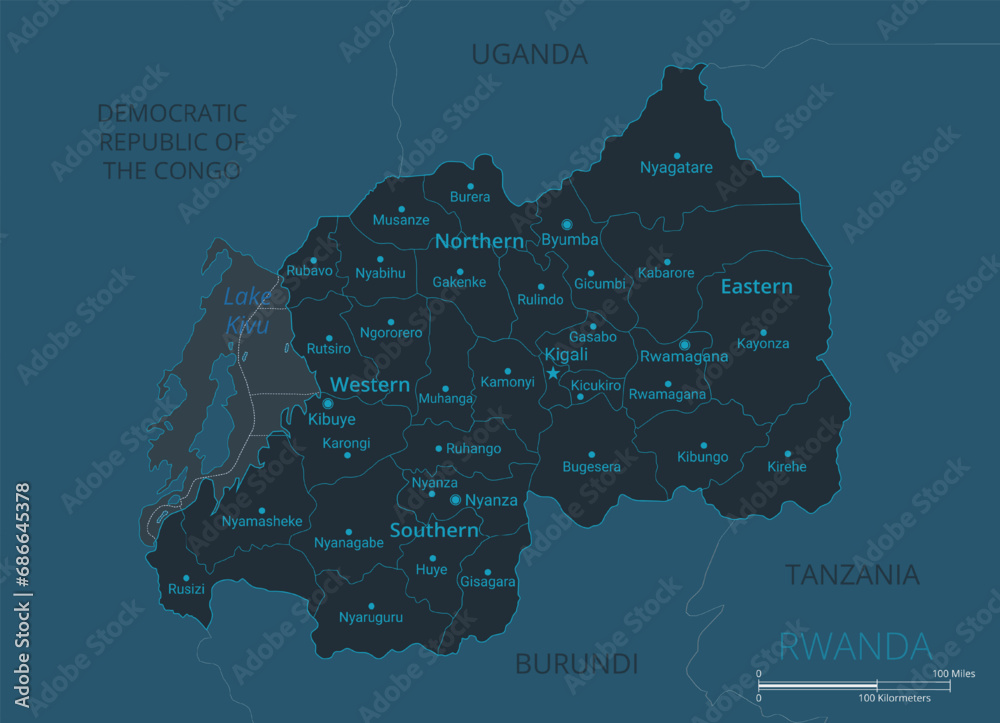 Rwanda map. High detailed map of Rwanda with countries, borders, cities ...