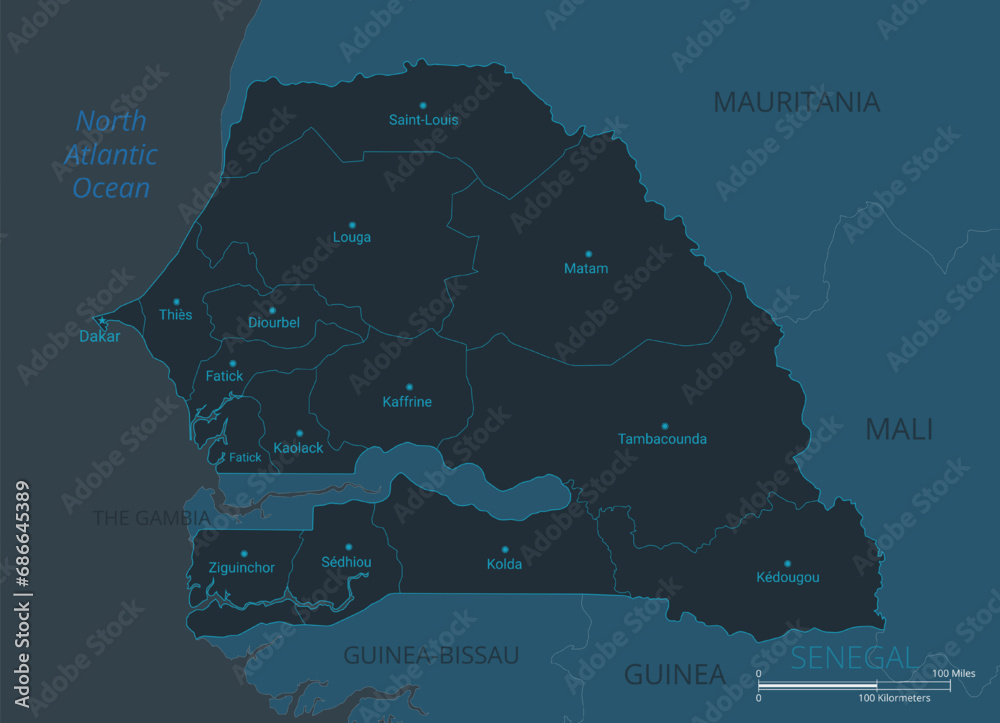 Senegal map. High detailed map of Senegal with countries, borders ...