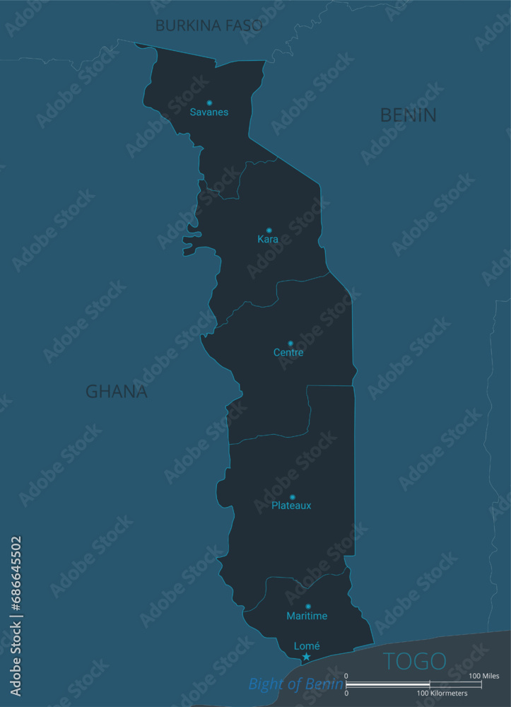 Vetor de Togo map. High detailed map of Togo with countries, borders ...