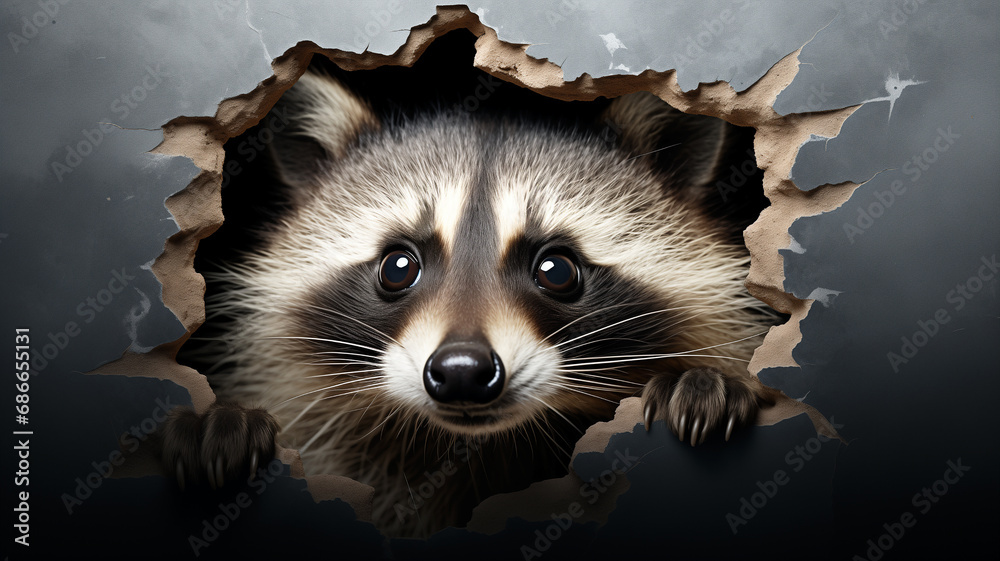 Scared and surprised raccoon leaning out of a torn paper hole on a ...