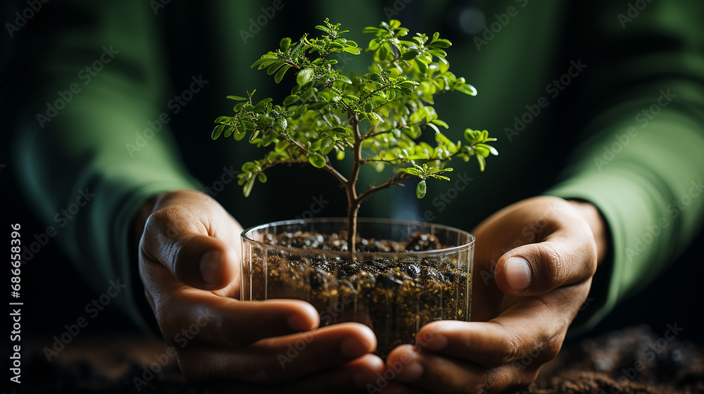 Human hand growing and nurturing a tree growing in fertile soil with a ...