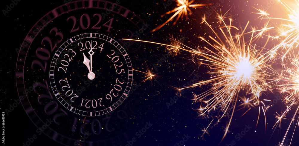 Clock counting, changing from 2023 to 2024 sparks from fireworks for ...