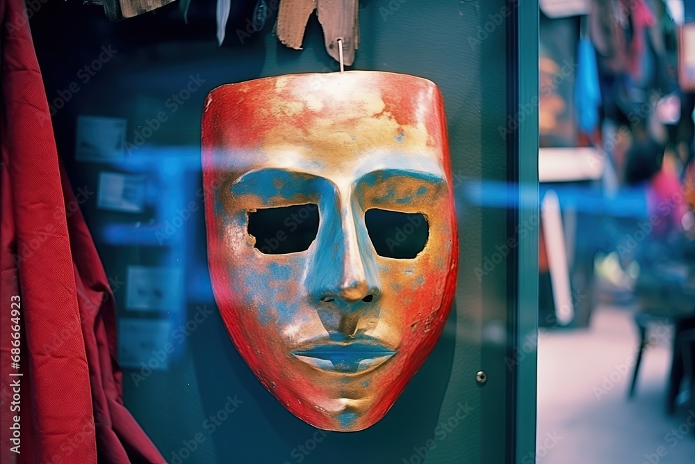 AI art. Coral and peachy mask placed on a window display. A theatrical ...
