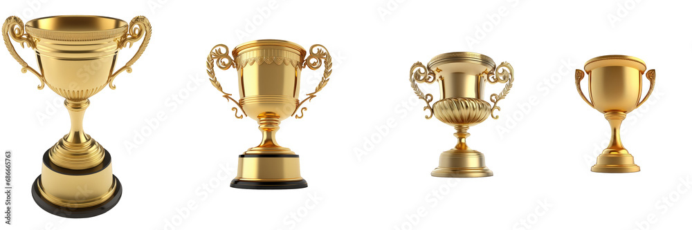 A collection of realistic golden trophies with various designs ...
