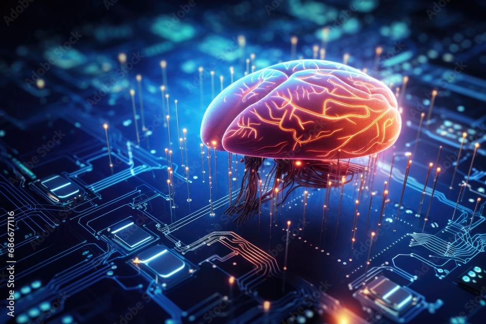 A computer circuit with a brain on top. This image can be used to ...