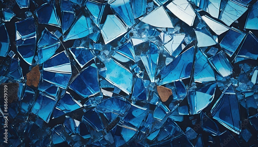 Blue glass broken into many parts, texture, broken glass, broken window ...