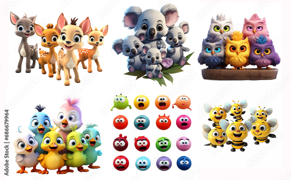 Watercolor 3d animated sprite sheet of cartoon characters set on a ...